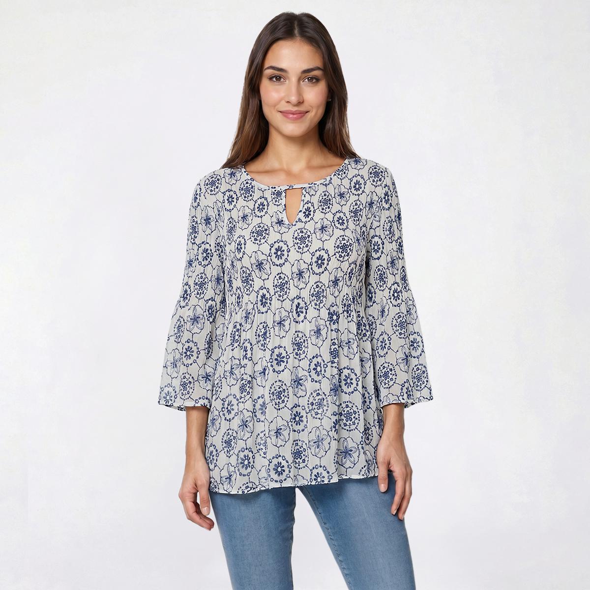 Click here for Womens Floral & Ivory 3/4 Sleeve Keyhole Neck Meda... prices